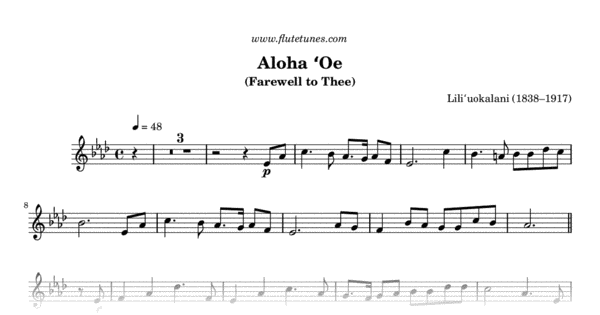 Aloha ʻOe (Liliʻuokalani) - Free Flute Sheet Music | flutetunes.com