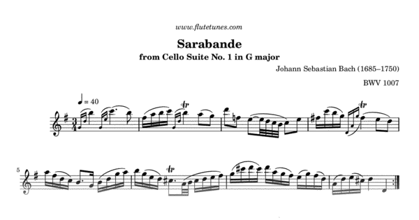 Sarabande from Cello Suite No. 1 in G major (J.S. Bach) - Free Flute ...