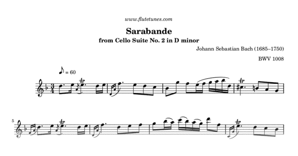 Sarabande from Cello Suite No. 2 in D minor (J.S. Bach) - Free Flute ...