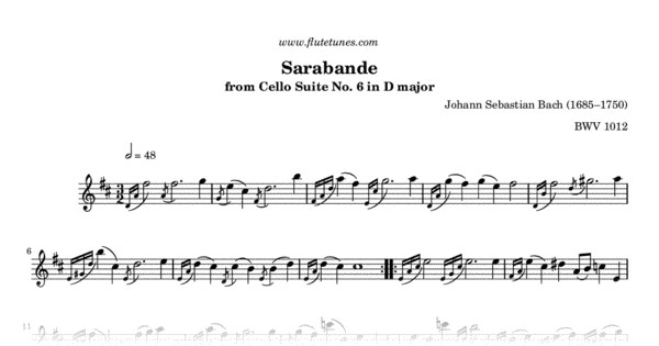 Sarabande from Cello Suite No. 6 in D major (J.S. Bach) - Free Flute ...