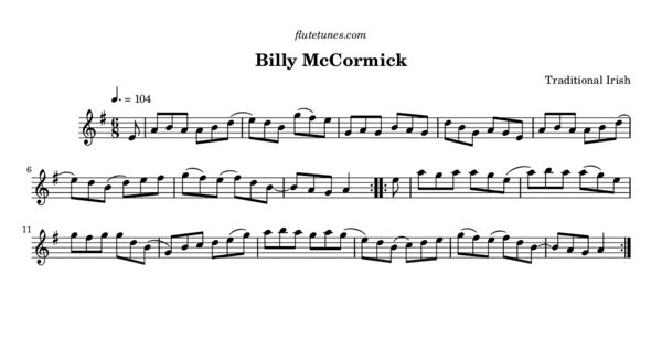 Billy McCormick (Trad. Irish) - Free Flute Sheet Music | flutetunes.com