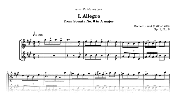 Allegro From Sonata For Two Flutes No 6 In A Major M Blavet Free