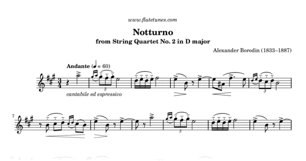 Notturno from String Quartet No. 2 in D major (A. Borodin) - Free Flute Sheet Music | flutetunes.com