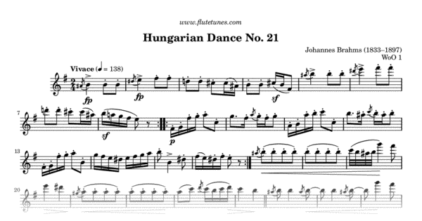 Hungarian Dance No. 21 from Ungarische Tänze (J. Brahms) - Free Flute Sheet Music | flutetunes.com