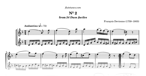 Duet No. 2 in D minor from 24 Duos faciles (F. Devienne) - Free Flute Sheet Music | flutetunes.com