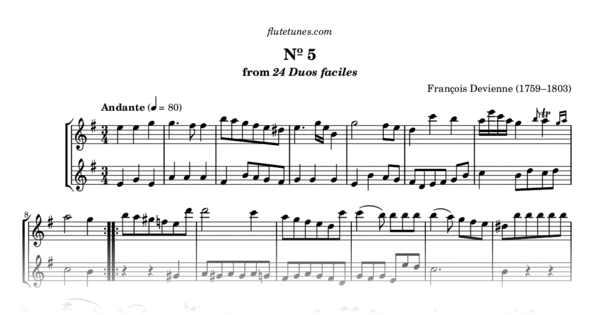 Duet No. 5 in E minor from 24 Duos faciles (F. Devienne) - Free Flute Sheet Music | flutetunes.com