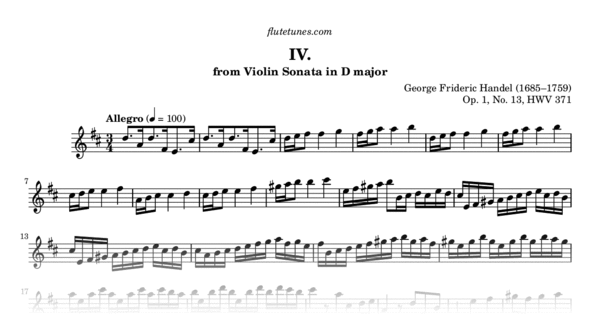 Allegro from Violin Sonata in D major, HWV 371 (G.F. Handel) - Free Flute Sheet Music ...