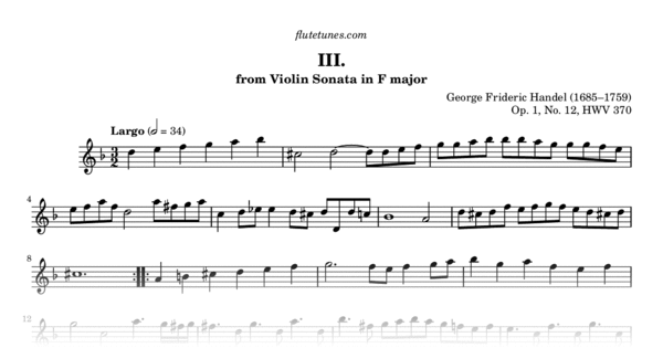 Largo from Violin Sonata in F major, HWV 370 (G.F. Handel) - Free Flute Sheet Music | flutetunes.com