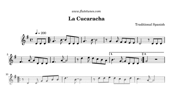 La Cucaracha (Trad. Spanish) - Free Flute Sheet Music | flutetunes.com