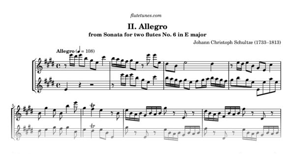 Allegro From Sonata For Two Flutes No 6 In E Major J C Schultze
