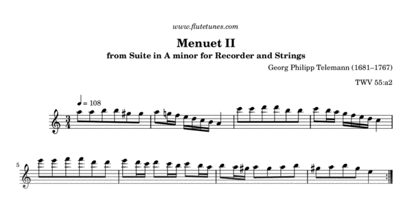 Menuet II from Suite in A minor for Recorder and Strings (G.P. Telemann) - Free Flute Sheet ...
