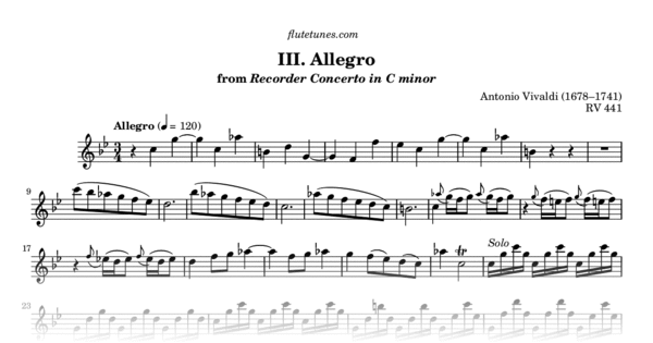 Allegro from Recorder Concerto in C minor (A. Vivaldi) - Free Flute Sheet Music | flutetunes.com