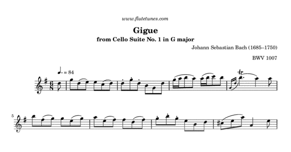 Gigue from Cello Suite No. 1 in G major (J.S. Bach) - Free Flute Sheet ...