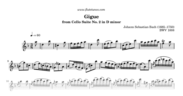 Gigue from Cello Suite No. 2 in D minor (J.S. Bach) - Free Flute Sheet ...