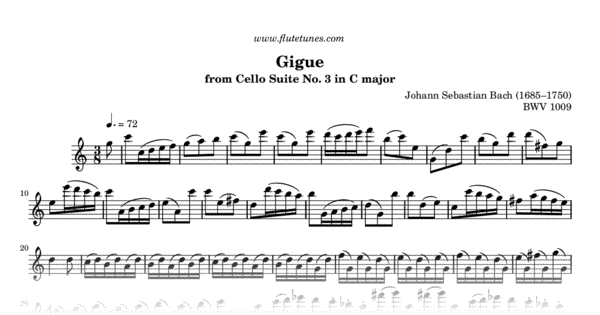 Gigue from Cello Suite No. 3 in C major (J.S. Bach) - Free Flute Sheet ...
