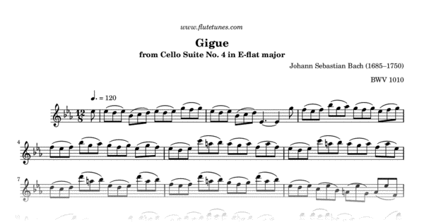Gigue from Cello Suite No. 4 in E-flat major (J.S. Bach) - Free Flute ...