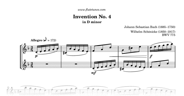 Invention No. 4 in D minor (J.S. Bach) - Free Flute Sheet Music ...