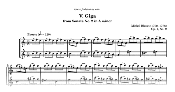Giga from Sonata for Two Flutes No. 2 in A minor (M. Blavet) - Free ...