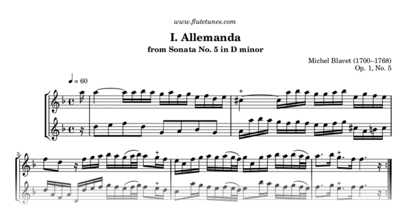 Allemanda from Sonata for Two Flutes No. 5 in D minor (M. Blavet ...