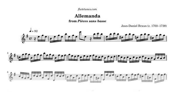 Allemanda from Pièces sans basse (J.-D. Braun) - Free Flute Sheet Music ...