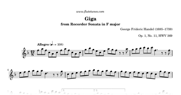 Giga from Recorder Sonata in F major (G.F. Handel) - Free Flute Sheet ...