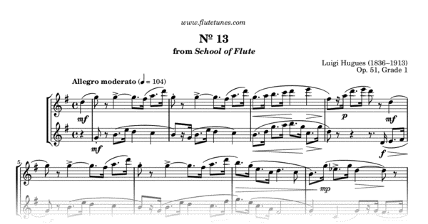Duet No. 13 in G major from School of Flute, Grade 1 (L. Hugues) - Free ...