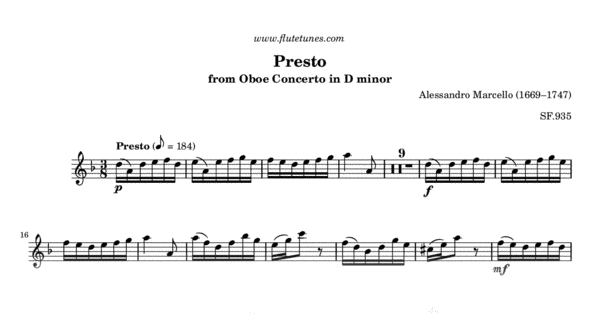 Presto from Oboe Concerto in D minor (A. Marcello) - Free Flute Sheet ...