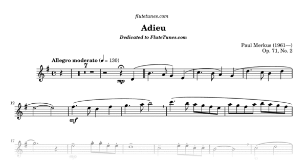 Adieu (P. Merkus) - Free Flute Sheet Music | flutetunes.com