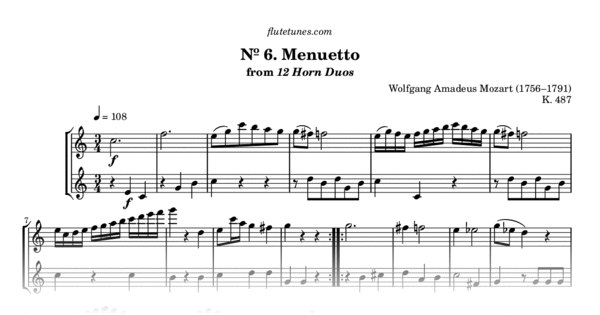 Menuetto from 12 Horn Duos (W.A. Mozart) - Free Flute Sheet Music ...