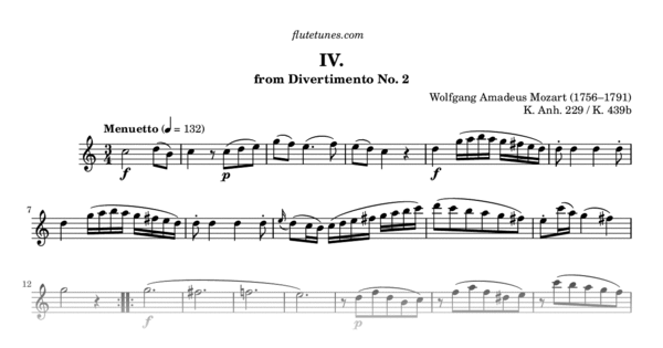 Menuetto from Divertimento No. 2 (W.A. Mozart) - Free Flute Sheet Music ...