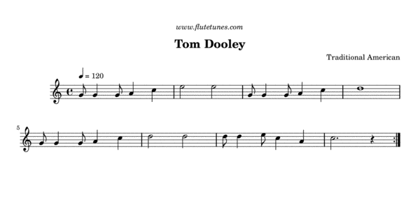 Tom Dooley (Trad. American) - Free Flute Sheet Music | flutetunes.com