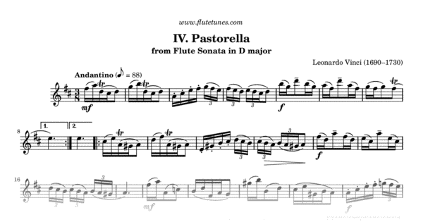 Pastorella from Flute Sonata in D major (L. Vinci) - Free Flute Sheet ...