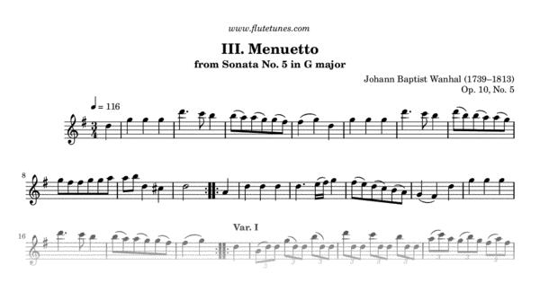 Menuetto from Sonata No. 5 in G major (J.B. Wanhal) - Free Flute Sheet ...
